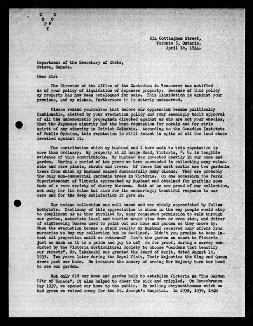 Letter to the Department of the Secretary of State from Toyo Takahashi ...
